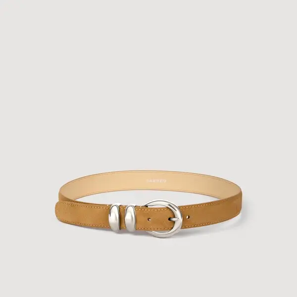 Sandro Leather Belt With Metal Buckle - Beige