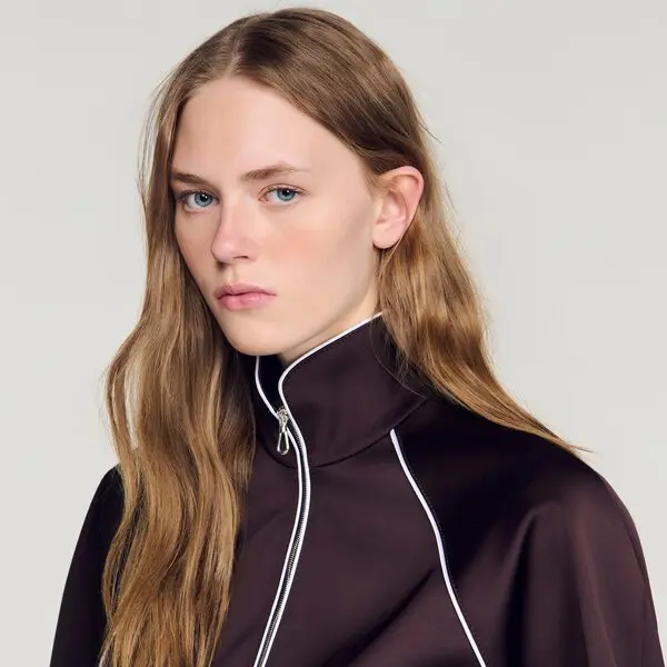 Sandro Cropped Embroidered Satin-effect Jacket - Brown