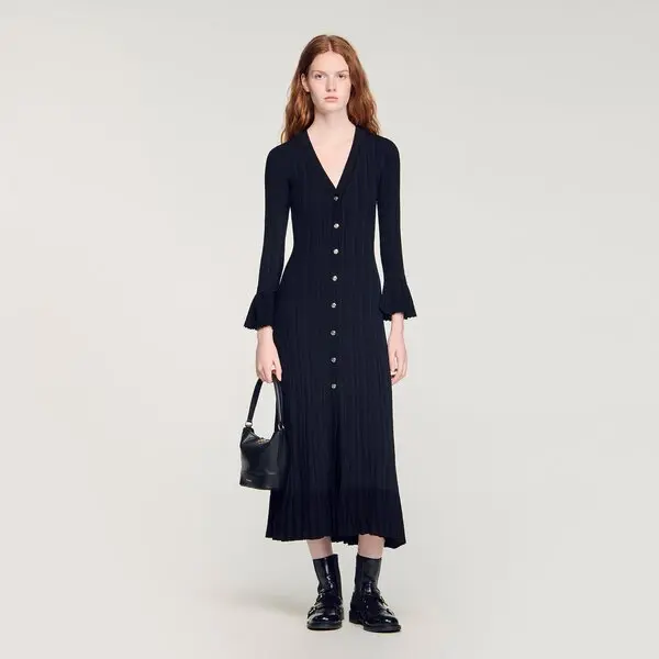 Sandro Knit Maxi Dress With Ruffle - Black