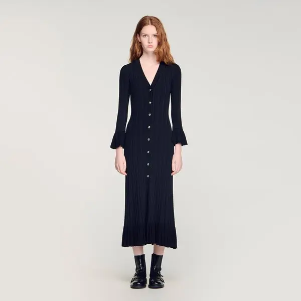 Sandro Knit Maxi Dress With Ruffle - Black