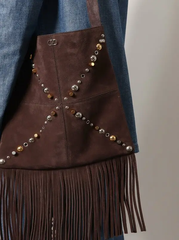 Valentino Garavani Suede Shoulder Bag With Fringe And Stud Details - Brown