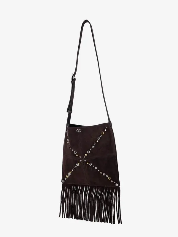 Valentino Garavani Suede Shoulder Bag With Fringe And Stud Details - Brown
