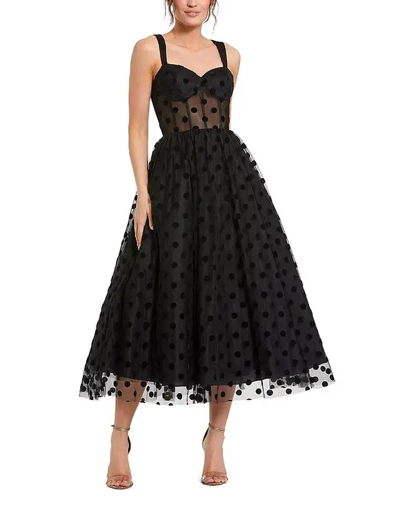 Mac Duggal Polka Dot Net Bustier A-line Midi Dress - Black