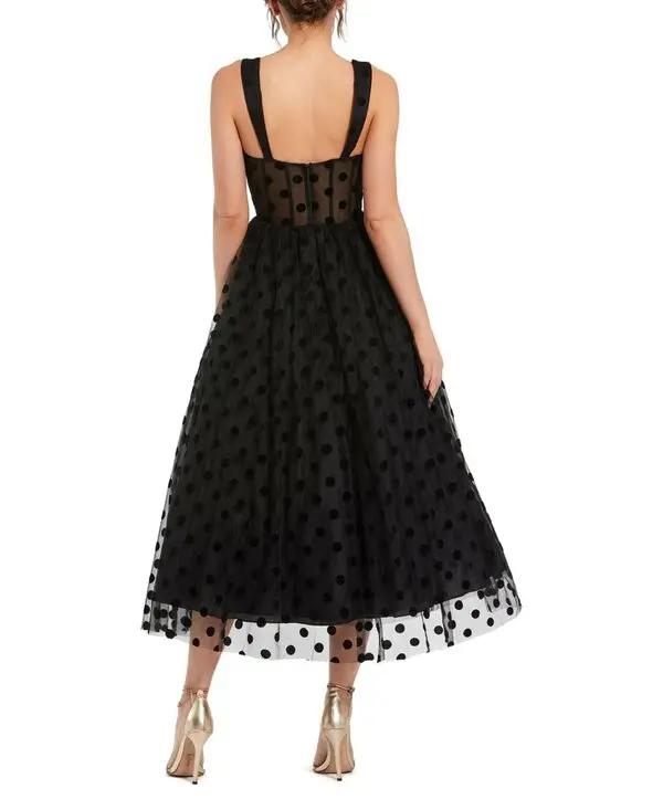 Mac Duggal Polka Dot Net Bustier A-line Midi Dress - Black
