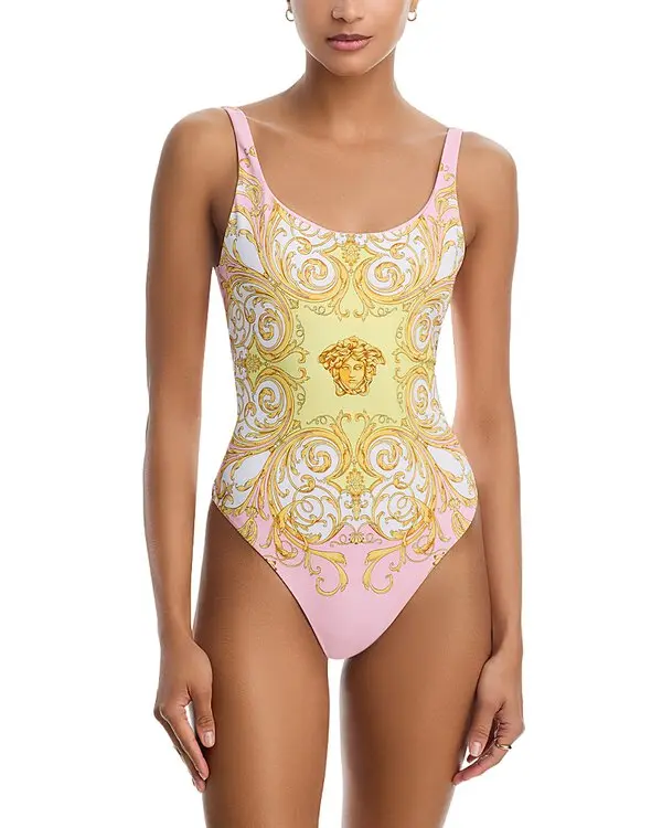 Versace Printed Scoop Neck One-piece Swimsuit - Pale Yellow/ Rose Quartz