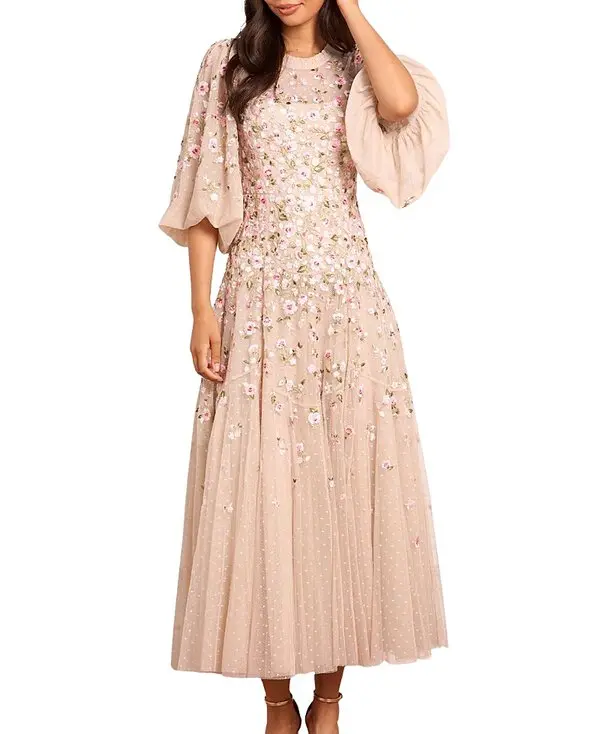 NEEDLE & THREAD Sylvia Round Neck Ankle Gown - Oyster/multi