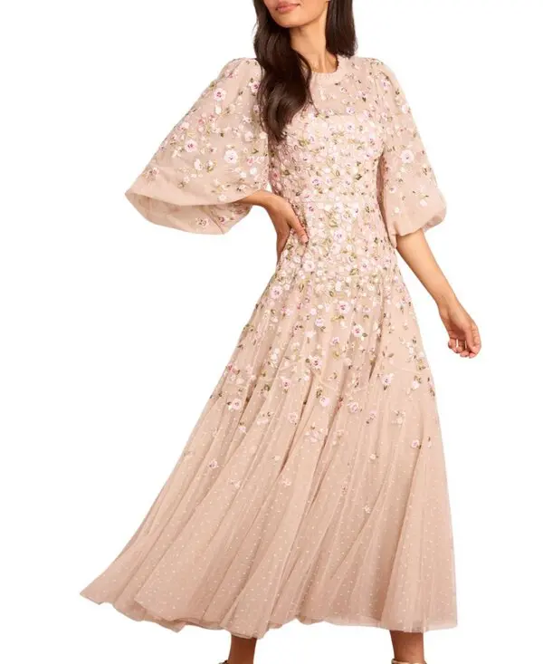 NEEDLE & THREAD Sylvia Round Neck Ankle Gown - Oyster/multi