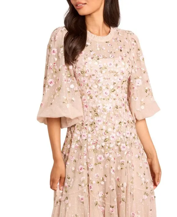NEEDLE & THREAD Sylvia Round Neck Ankle Gown - Oyster/multi
