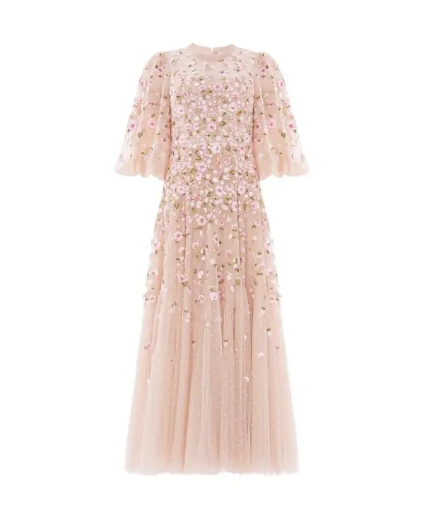 NEEDLE & THREAD Sylvia Round Neck Ankle Gown - Oyster/multi