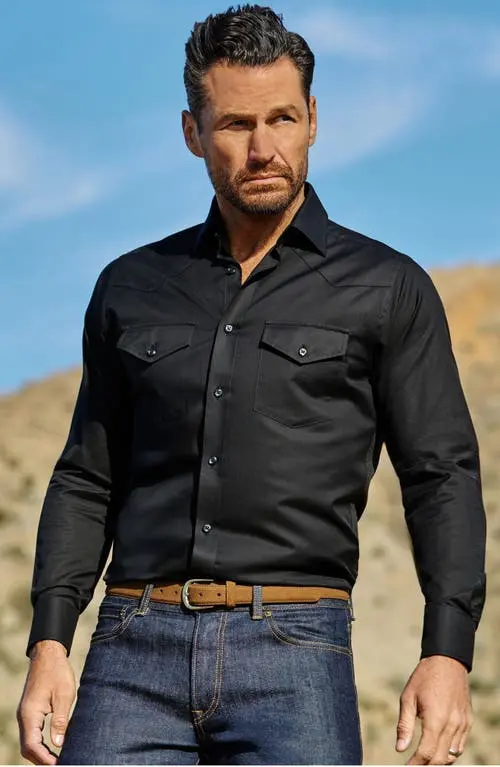 David Donahue Trim Fit Cotton Twill Button-up Western Shirt - Black