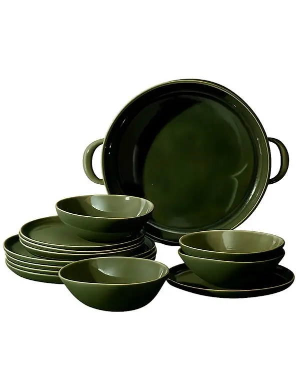 GHARYAN STONEWARE Family Feast Dinnerware, Set Of 13 Pieces - Matte Green/ Shiny Green