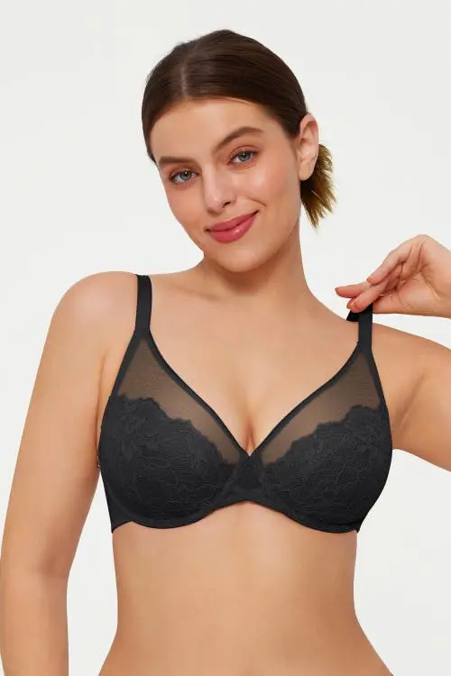 POPILUSH Lightweight Underwire Minimizer Lace Mesh Bra - Classic Black