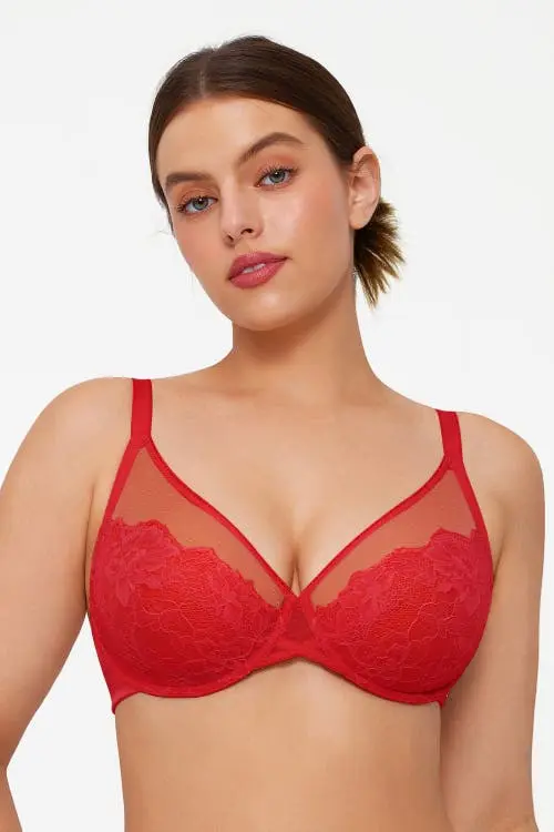 POPILUSH Lightweight Underwire Minimizer Lace Mesh Bra - Crimson Red