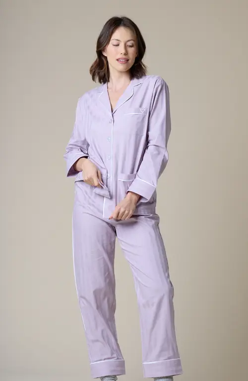 KIP Heart Embroidered Cotton Long Pajama Set - Lavender