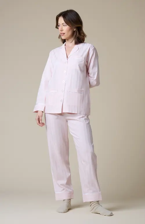 KIP Heart Embroidered Cotton Long Pajama Set - Pink Peony