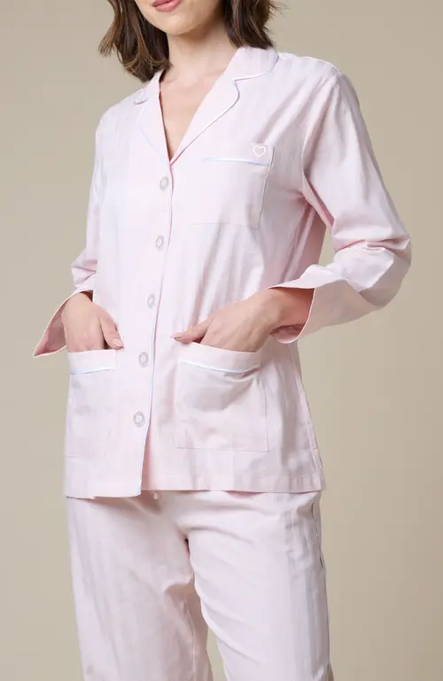 KIP Heart Embroidered Cotton Long Pajama Set - Pink Peony