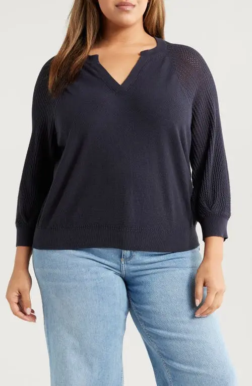 Wit & Wisdom Mixed Stitch Split Neck Sweater - Navy