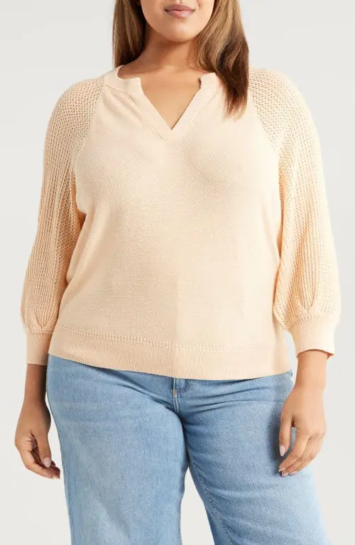 Wit & Wisdom Mixed Stitch Split Neck Sweater - Peach Fuzz