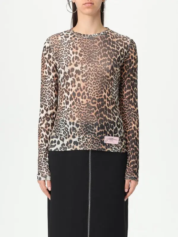 GANNI Long Sleeve Leopard Print Mesh Top - Brown