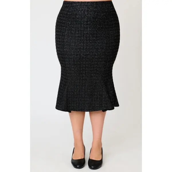 Unique Vintage Boucle Trumpet Skirt - Black Solid