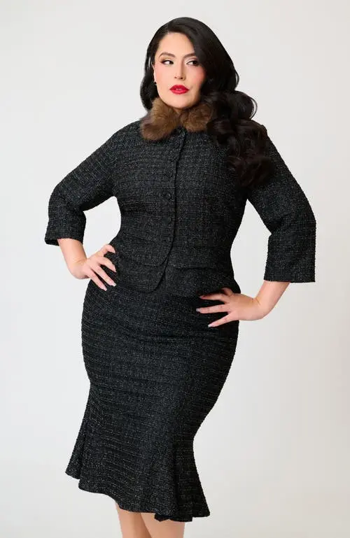 Unique Vintage Boucle Trumpet Skirt - Black Solid