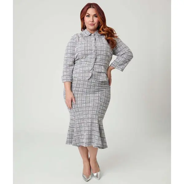 Unique Vintage Boucle Trumpet Skirt - Lavender Plaid Boucle