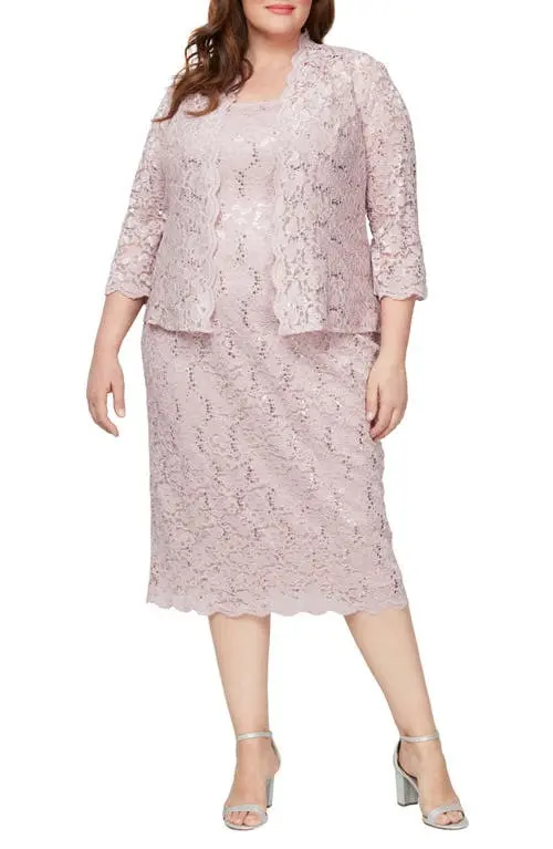 SL FASHIONS Floral Lace Sequin Cardigan & Dress Set - Blush