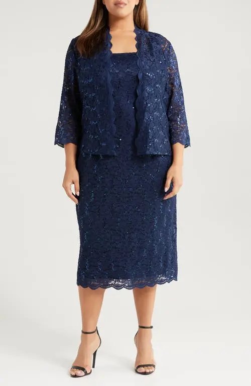 SL FASHIONS Floral Lace Sequin Cardigan & Dress Set - Navy