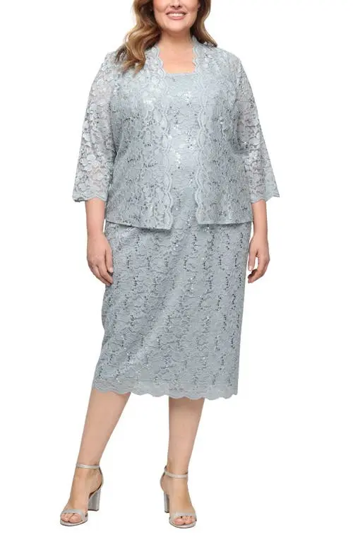 SL FASHIONS Floral Lace Sequin Cardigan & Dress Set - Sage