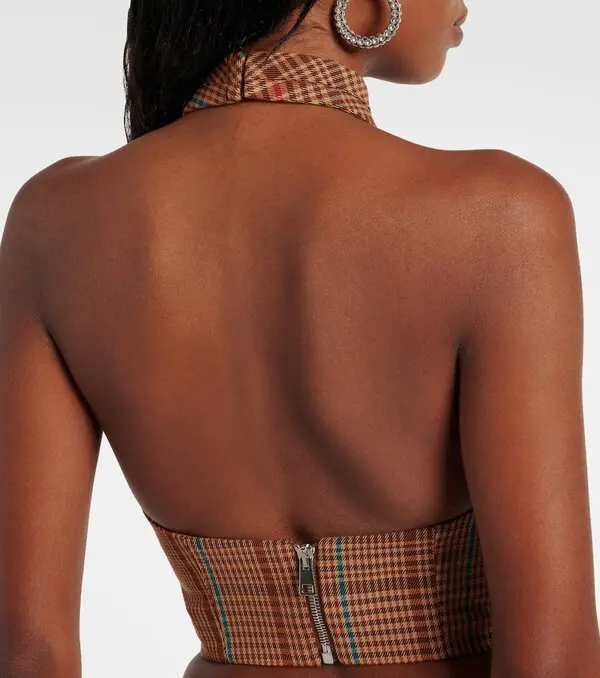 AREA Checked Halterneck Wool-blend Top