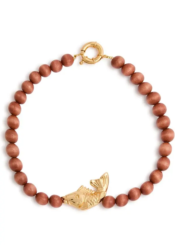 Timeless Pearly Fish Wooden-beaded Necklace - Brown
