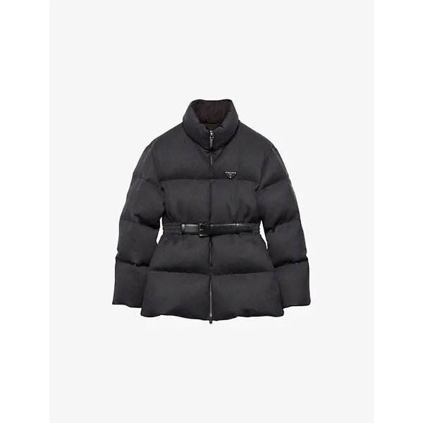 Prada Logo-plaque Wool-flannel Down Jacket - Grey