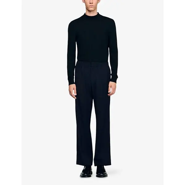 Sandro Elasticated Waist Wide-leg Stretch Wool-blend Trousers - Navy Blue