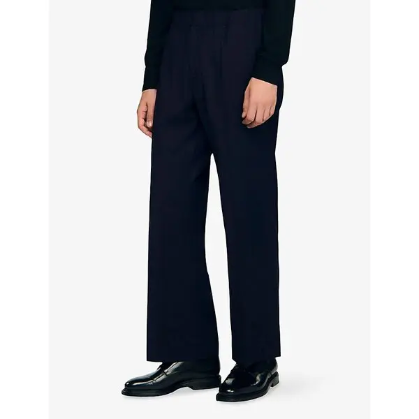 Sandro Elasticated Waist Wide-leg Stretch Wool-blend Trousers - Navy Blue