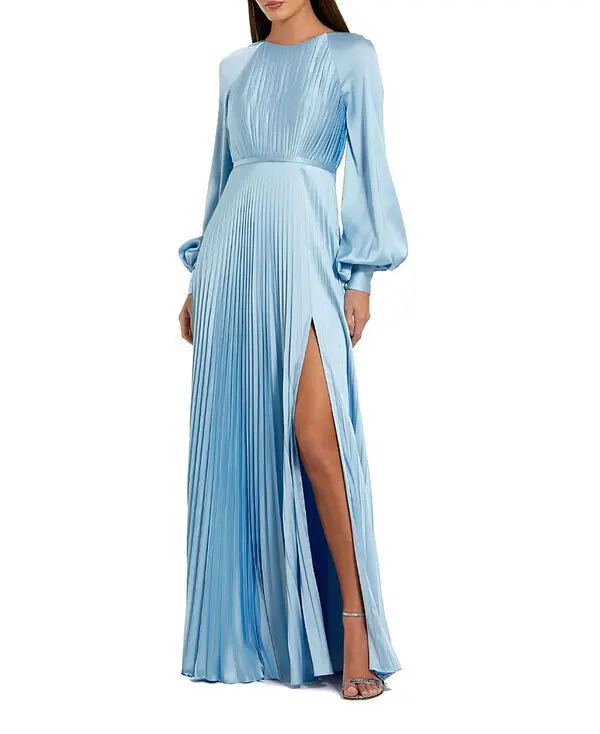 Mac Duggal Pleated High Neck Raglan Long Sleeve Side Slit Gown - Ice Blue