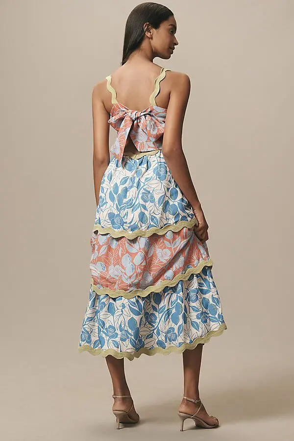 Farm Rio Linen Blend Tiered Ric Rac Midi Dress In Blue - 40% Off |  Editorialist