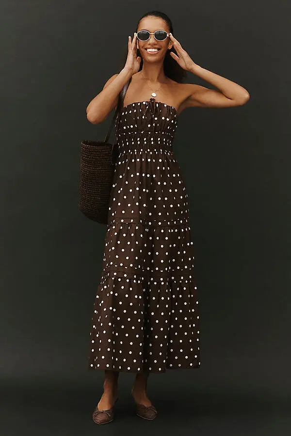 THE SOMERSET COLLECTION BY ANTHROPOLOGIE The Somerset Strapless Maxi Dress - Brown Polka Dot