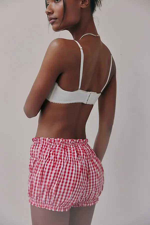 Free People Gingham Print Ruched Bloomers - Bright Red Combo