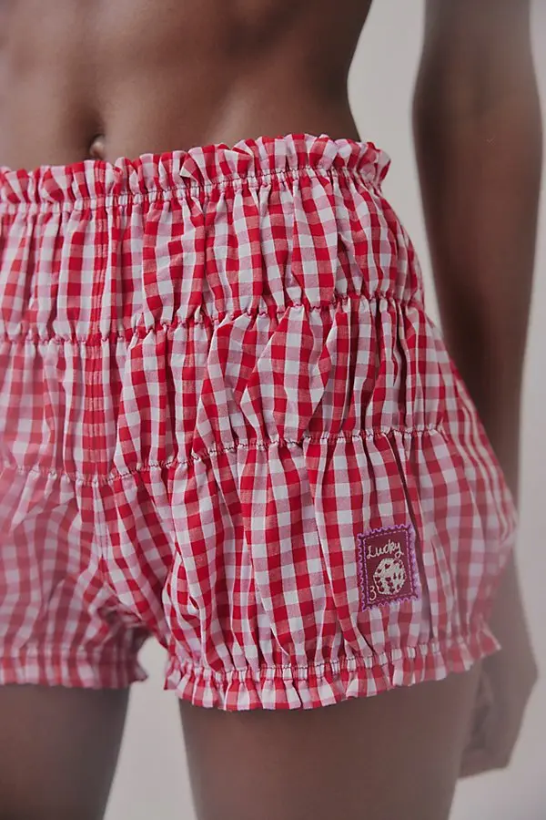 Free People Gingham Print Ruched Bloomers - Bright Red Combo