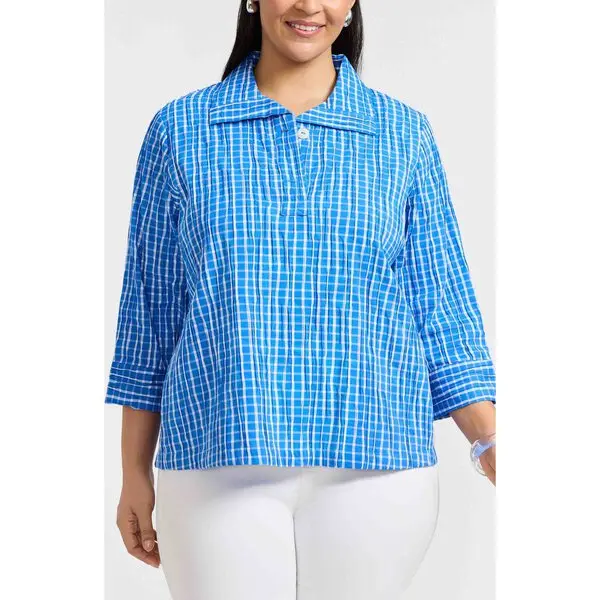 Foxcroft Sammy Crinkled Cotton-blend Top - Mineral Blue/ White