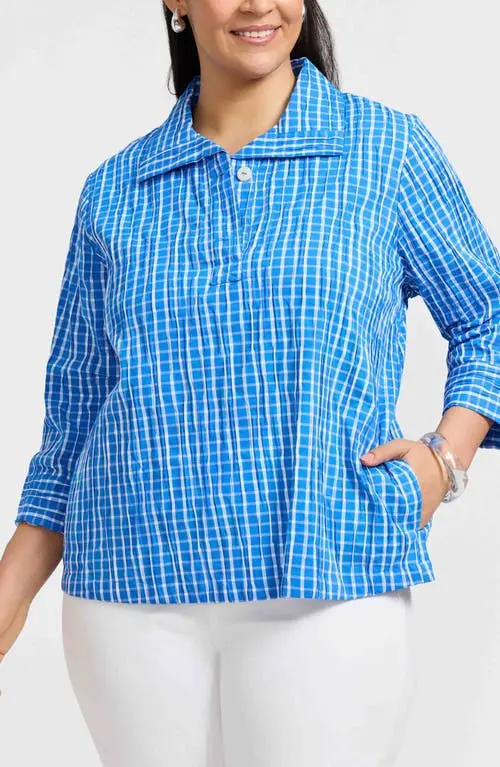 Foxcroft Sammy Crinkled Cotton-blend Top - Mineral Blue/ White