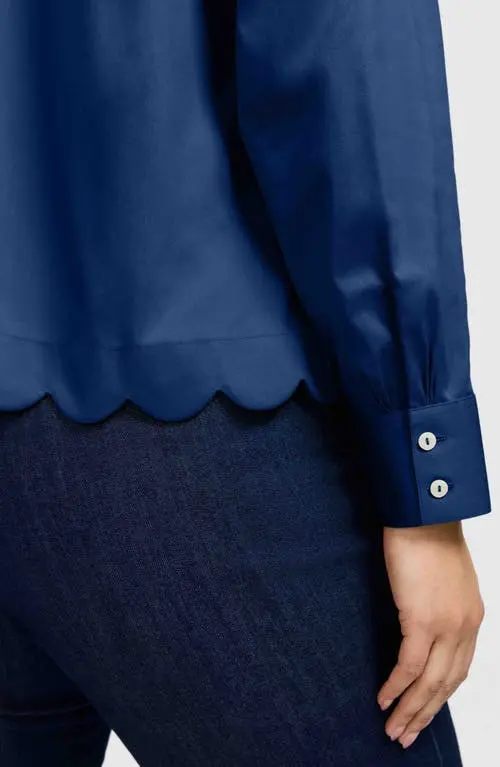 Foxcroft Scarlett Scallop Hem Button-up Shirt - Navy