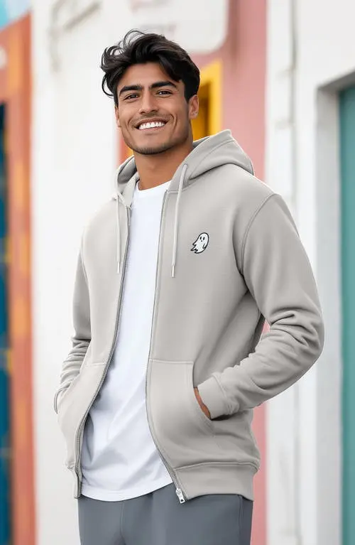 DALIX Ghost Embroidered Full Zip Hoodie - Silver
