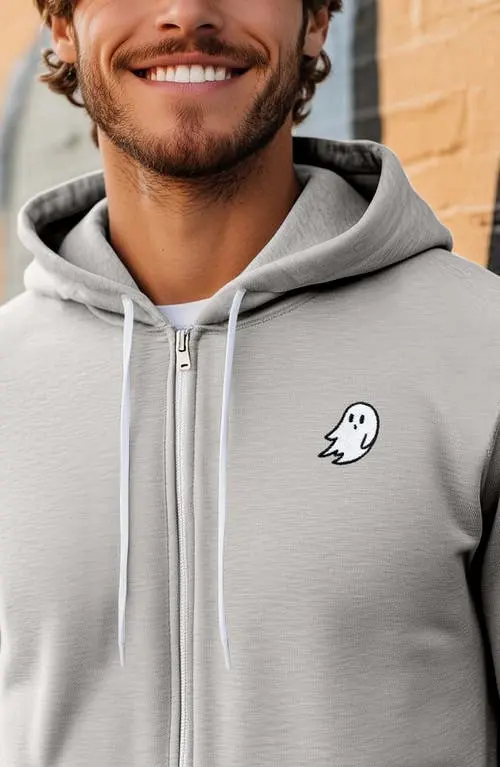 DALIX Ghost Embroidered Full Zip Hoodie - Silver