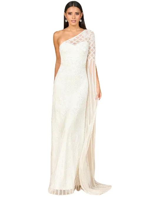 LARA NEW YORK One Sleeve Beaded Gown - Ivory