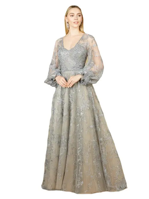 LARA NEW YORK V-neck Lace Gown With Balloon Sleeves - Stone