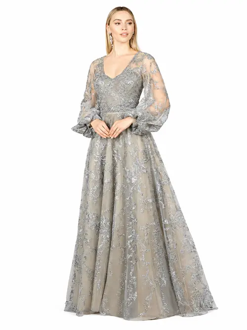 LARA NEW YORK V-neck Lace Gown With Balloon Sleeves - Stone