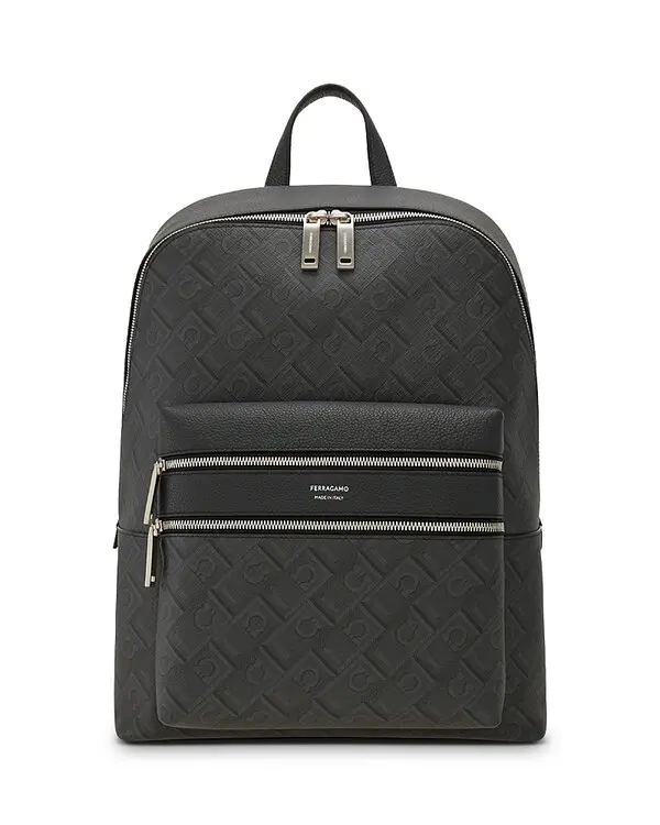 FERRAGAMO Embossed Gancini Leather Backpack - Black/gray
