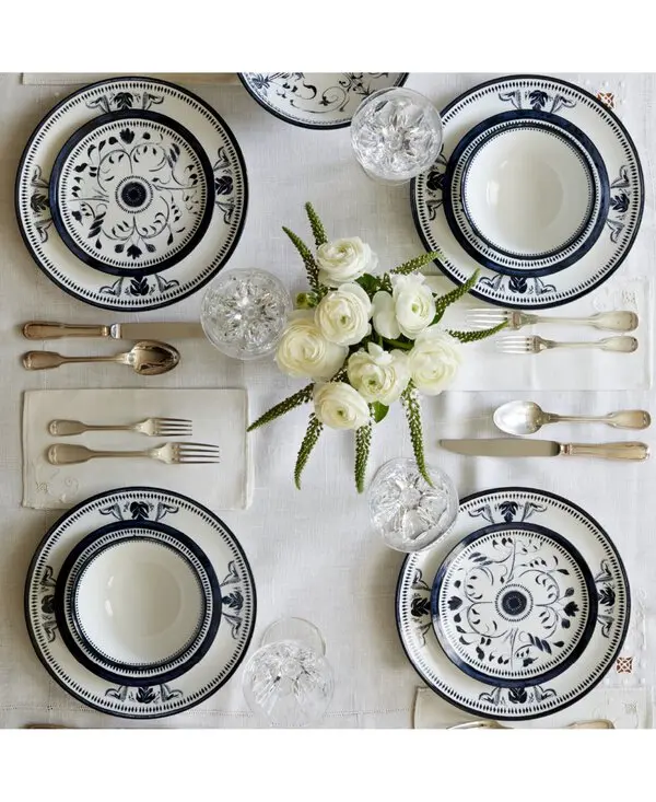 MOMENI Bruges Blue Porcelain 16 Piece Dinnerware Set, Service For 4
