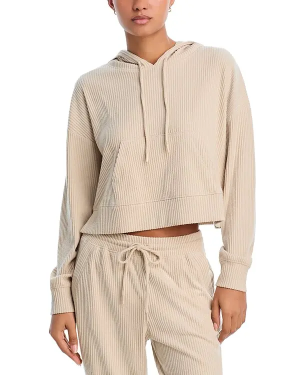 Aqua Brushed Rib Crop Hoodie - Beige